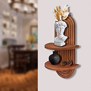 ZELURA 2 Pieces Boho Wall Shelf, Mid Century Shelves, Double Shelves, Decorative Bohemian Rainbow Hanging Shelves for Bathroom, Bedroom, Kitchen, Living Room, Laundry Room (Brown)