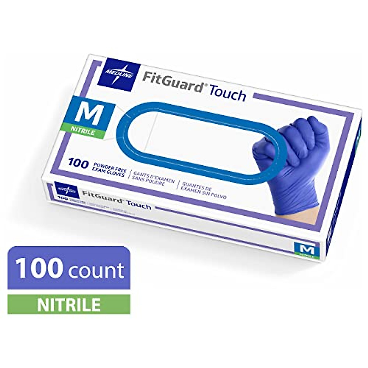 Medline FitGuard Touch Nitrile Exam Gloves, Disposable, Powder-Free, Cobalt Blue, Medium, Box of 100