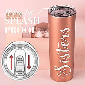 Sister Gifts from Sisters, Insulated Stainless Steel Tumblers with Lids and Straws, For Birthday/Christmas, "Side by Side or Miles Apart, Sisters are Always Connected by Hearts"(20 oz) Rose gold