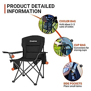 KingCamp Padded Folding Lounge Chairs with Built In Cupholder, Insulated Cooler Sleeve, and Side Storage Pocket for Indoor and Outdoors, 2 Pack, Black
