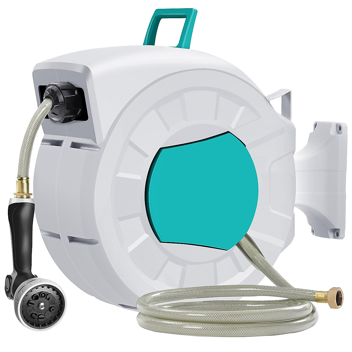 Rengue Retractable Garden Hose Reel, 1/2" x 100 ft Wall Mounted Hose Reel with 10 Pattern Nozzle, Automatic Slow Rewind, Any Length Lock, 180° Swivel Bracket, Ideal for Garden Watering