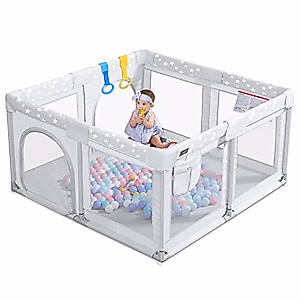 ANGELBLISS Baby Playpen, Large Baby Playard, Play Pens for Babies and Toddlers with Gate, Indoor & Outdoor Play Area for Infants, Kids Safety Play Yard with Star Print (Grey, 50"×50")