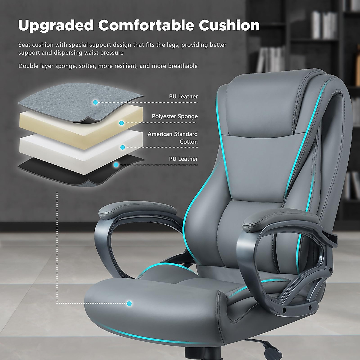 Soontrans Executive Office Chair 400lbs Big and Tall Office Chair for Heavy People Wide Seat Leather Desk Chair Adjustable Rocking Computer Chair Ergonomic Office Chair（Grey）