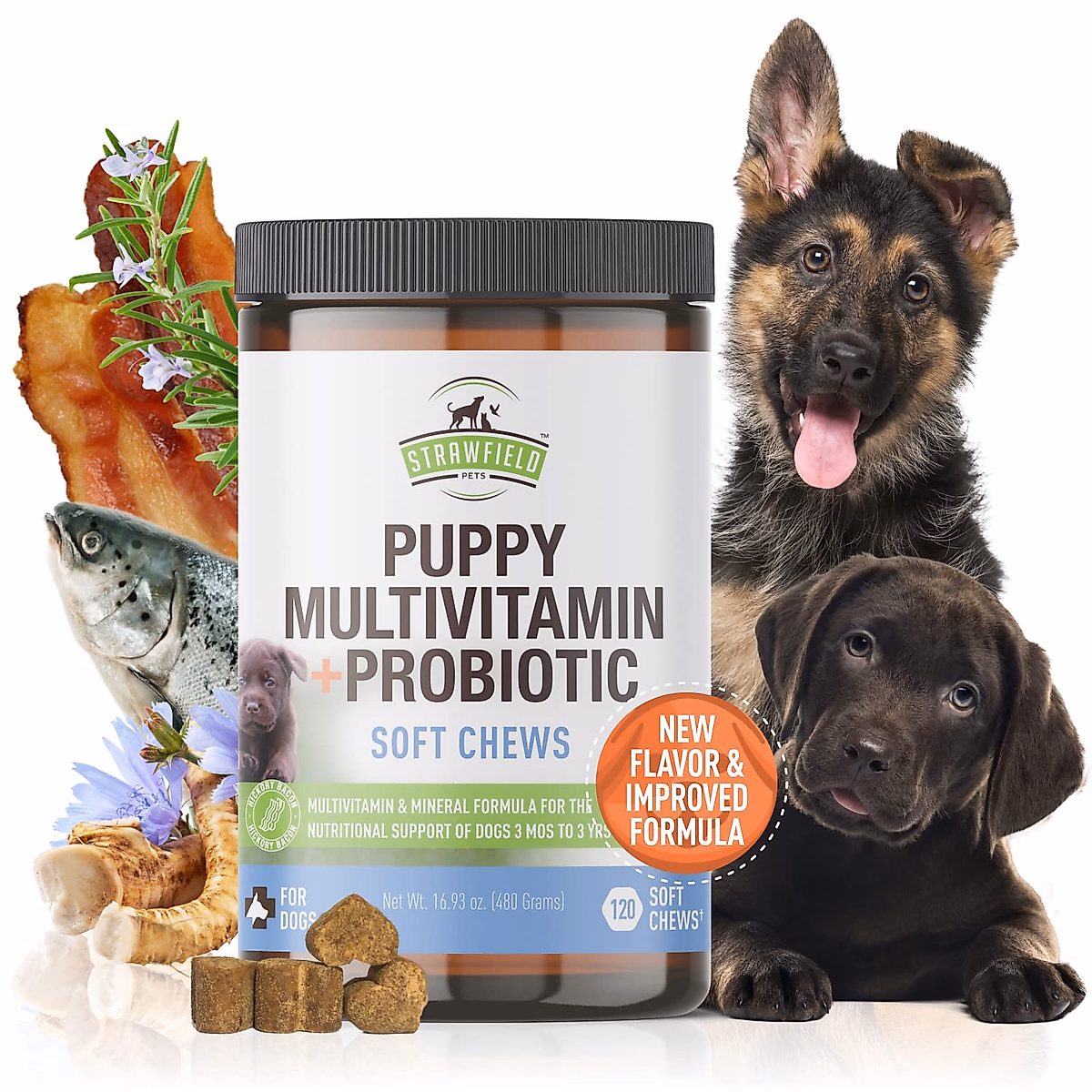 Strawfield Pets' Puppy Multivitamin + Probiotics for Dogs Puppy Vitamins with Joint Support Supplement for Dogs & Puppies Tasty Bacon Flavor 120 Soft Chews