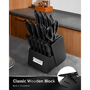 MIDONE Knife Set with Block, 17 Pieces Kitchen Knife Set with Built in Knife Sharpener Block, German Stainless Steel Knife Block Set, Elegant Black