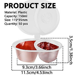 OWTWCNL 50Pcs Double Condiment Containers, Double Compartment Condiment Container with Lid, Leakproof Clear Plastic 150ml Portion Cups Chutney Chili Sauce Dips Snack Boxes