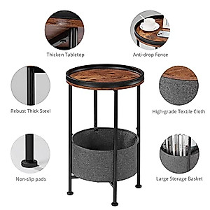 Industrial 2-Tier Round End Table,24" High Rustic Side Table with Full-arrest Tray and Storage Basket, Home Office Coffee Snack Nightstand Bedside Table Laptop Desk for Living Room Bedroom/Brown
