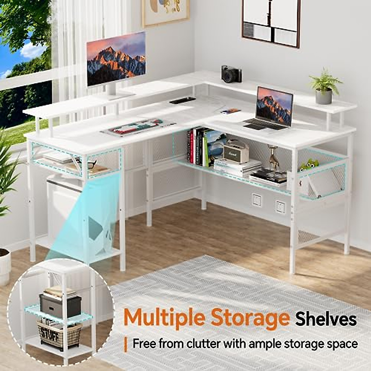 FEMOND L-Shaped Gaming Desk with LED Lights, Modern White Computer Desk, 55 Inch, 3 Shelves, 1 Adjustable Shelf, Perfect for Home Office, Gaming Setup, and Small Places