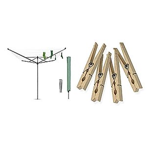 Brabantia Lift-o-Matic Rotary Dryer, 197 Feet, Metallic Gray & Honey-Can-Do DRY-01375 Wood Clothespins with Spring, 50-Pack, 3.3-inches Length,Brown