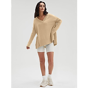 DEEP SELF Women's V Neck Oversized Sweaters 2024 Fall Winter Long Sleeve Split Hem Casual Asymmetric Tunic Pullover Sweater Knit Tops (Apricot, Small)