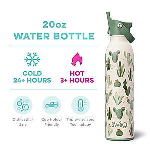 Swig Life 20oz Insulated Water Bottle with Straw & Flip + Sip Handle | Leak Proof, Dishwasher Safe, Cup Holder Friendly, Stainless Steel Water Bottle in Prickly Pear