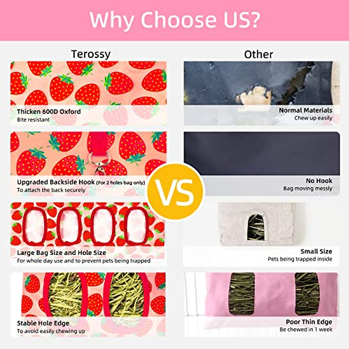 Terossy 2PCs Large Capacity Hay Feeder Rabbit, Mess-free Hanging Hay Feeder for Guinea Pigs, Hay Bag for Rabbits Bunny Chinchilla Hamster, Chew Proof Waste-free, 2Holes+4Holes, 9.8x11.4+11.8x18.5 Inch