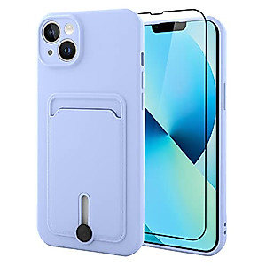MZELQ TPU Wallet iPhone 13 Case, Card Holder Camera Protection Cover + Screen Protector, Push-able Card Slot Case Compatible with iPhone 13 Phone Case Girls Women -Purple