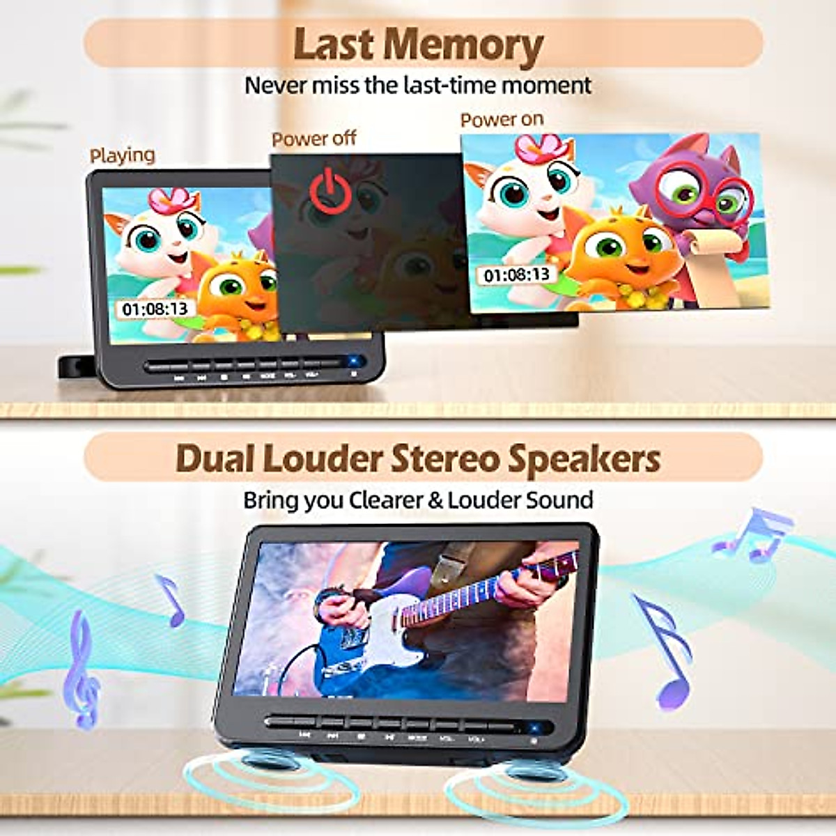10.5" Dual Portable DVD Player for Car with 1080P HDMI Input, DESOBRY Rechargable Car DVD Player Dual Screen Play A Same or Two Different Movies, 5-Hour Battery, Support USB,AV in/Out, Last Memory