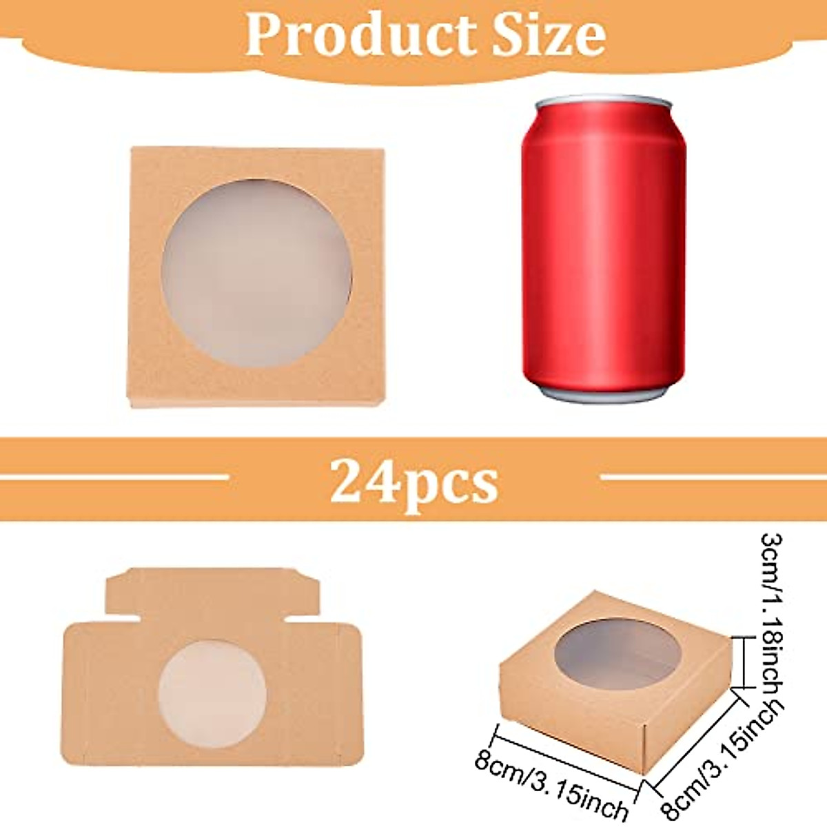 BENECREAT 24 Packs Brown Kraft Square Paper Boxes Gift Wrapping Box with Round Clear Window 3x3x1.2 for Homemade Soap, Wedding Party Favor, Festival Gift Packaging