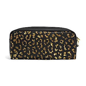 ALAZA Cute Pencil Case Leopard Print Animal Skin Gold Glitter Pen Cases Organizer PU Leather Comestic Makeup Bag Make up Pouch, Back to School Gifts