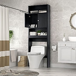 Hcman Over The Toilet Storage Cabinet - 77" H Over Toilet Bathroom Cabinet Organizer with Open Shelves and Double Doors, Black