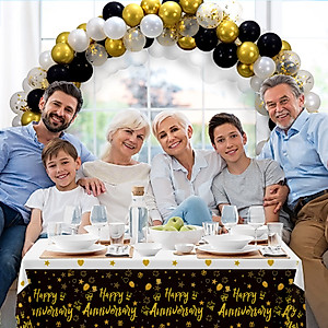 DARUNAXY 40th Wedding Anniversary Decorations, Large Happy 40th Anniversary Banner 70 x 43inch, 60PCS Black Gold Confetti Balloons, 2PCS Tablecloths for Cheer to 40 Year Party Supplies for Men Women