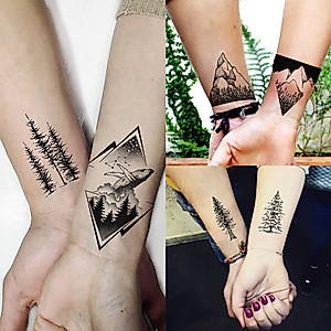 GOROMON 52 Sheets Small Black Mountain Temporary Tattoos For Men Women Adult, Geometric Sea Weave Forest Pine Tree Realistic Tattoo Sticker For Kids Children, Moon Sun Star Triangle Tatoos Outer Space