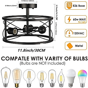 ZTGJMN 2-Light Semi Flush Mount Ceiling Light, 12-inch Industrial Modern Farmhouse Lighting Fixture with Metal Cage, Black Retro Ceiling Lampfor Hallway, Bedroom, Kitchen, Entrance