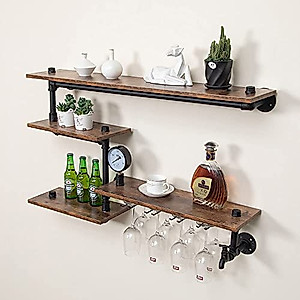 HEONITURE Industrial Pipe Shelves Wine Rack Wall Mounted with 4 Stem Glass Holder,Bar Shelves 39in Metal Hanging Wine Rack, Rustic Floating Pipe Shelf, Living Room Kitchen Decor Display Rack