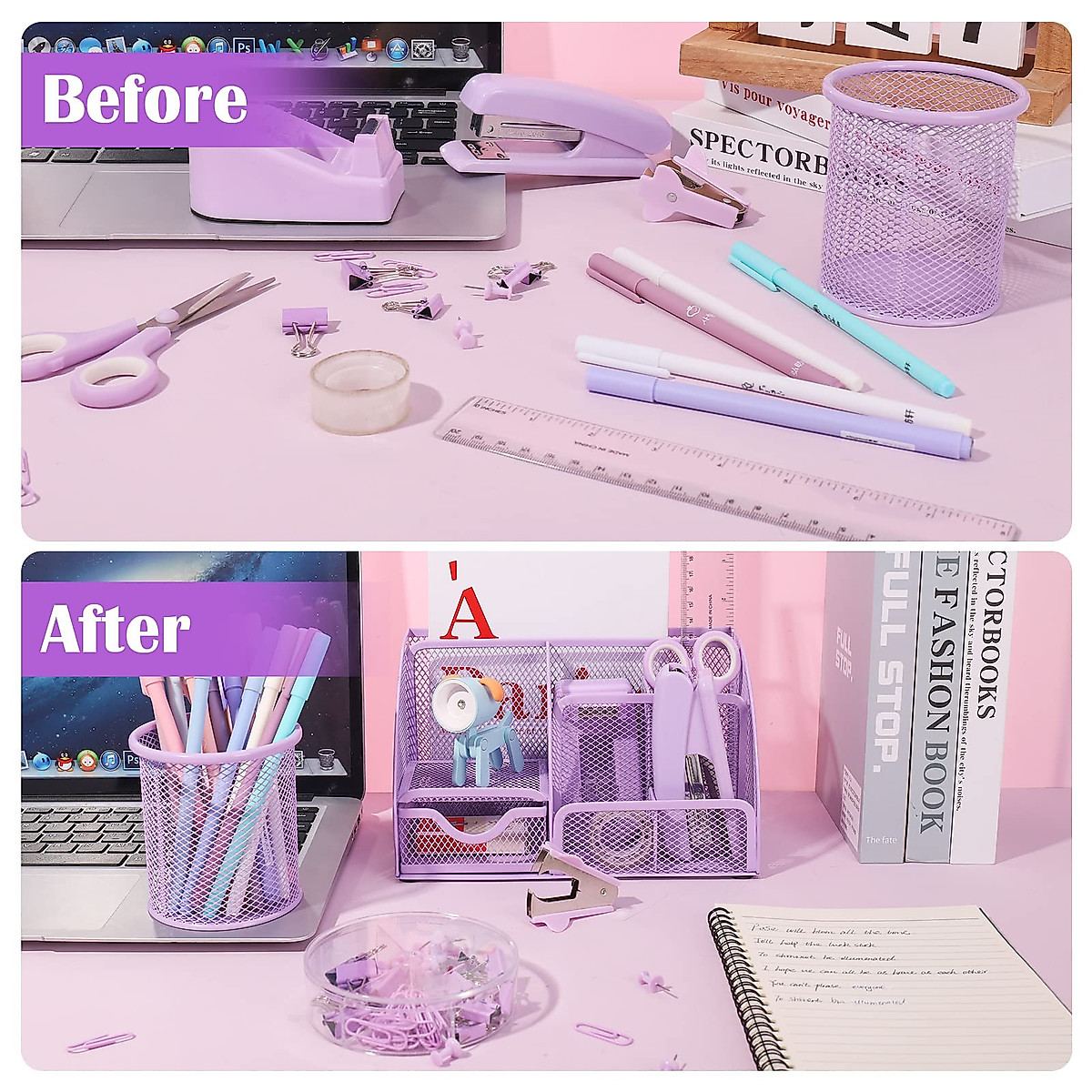 Purple Mesh Desk Organizer and Accessories, Purple Gift Purple Office Supplies 7 Compartments Desk Organizer with Stapler,Tape Dispenser,1000 Staples,Pen Holder,Staple Remover,Clips,Ruler,Scissors