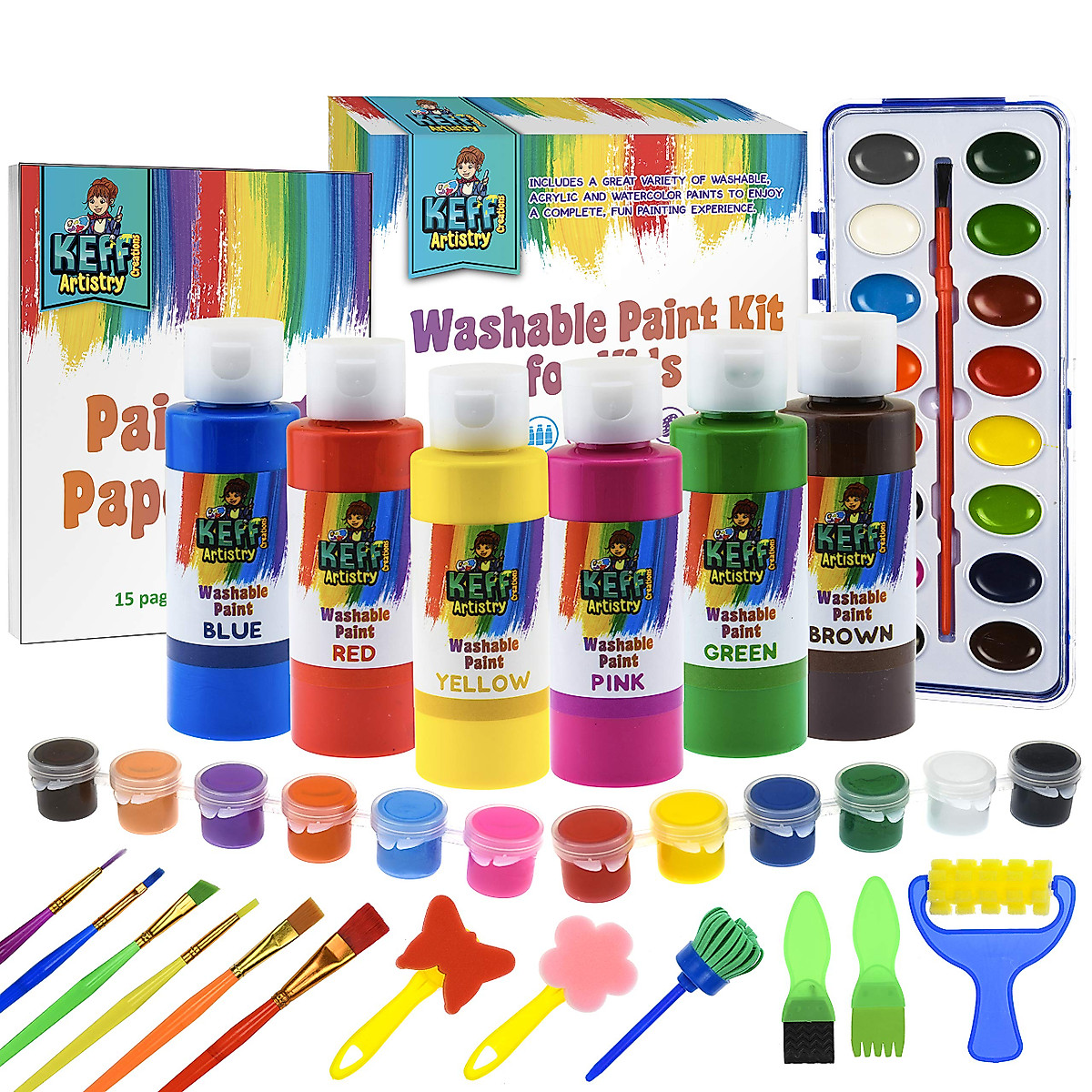 KEFF Kids and Toddler Paint Set - Washable Tempera Finger Painting Set with Non Toxic Watercolor, Acrylic Pots, Sponges & More Art and Crafts Supplies