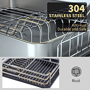 Genteen Dish Drying Rack, 2 Tier Large Dish Drying Rack with Drainboard 304 Stainless Steel Dish Rack for Kitchen Counter with Swivel Spout, Utensil Holder, Cup Rack