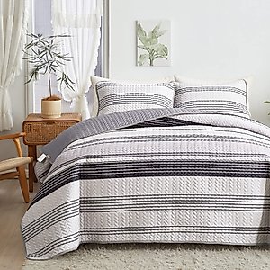 Flysheep Grey Boho Quilt Set Full Queen Size, 3 Pcs Gray Black and Navy Striped Bedspread, Soft Microfiber Modern Coverlet for All Season - 1 Quilt and 2 Pillow Shams