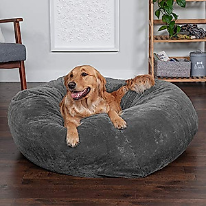 Furhaven XL Dog Bed Plush Faux Fur Beanbag-Style Ball Nest w/ Removable Washable Cover - Gray Mist, Jumbo