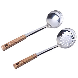 2 Pcs Soup Spoon, 13 Inch Stainless Steel Leaky Spoon and Soup Spoon with Wooden Handle for Cooking (2)