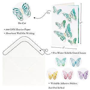 Crisky 25 Pcs Laser Cut 3D Note Cards & Envelopes Watercolor Butterflies Greeting Cards with Envelopes & Stickers for Birthday, Baby Shower,Bridal Shower, Wedding, Graduation