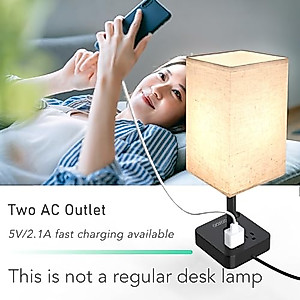 COZOO USB Bedside Dimmable Table Desk Lamp with 2 USB Charging Ports 2 Outlets Power Strip,Black Charger Base Flaxen Fabric Shade, LED Light for Bedroom/Nightstand/Living Room/Dorm/Home Office/College