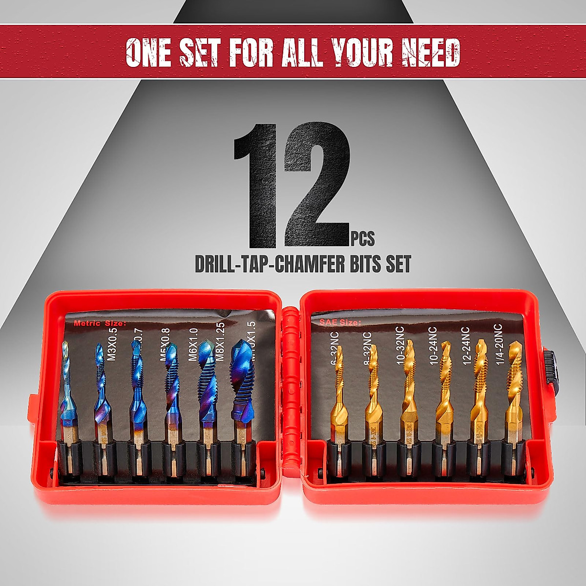 ColumPRO 12PCS Titanium Drill and Tap Combination Bits Set, 1/4” Hex Shank 3-in-1 Blue Coated Spiral Screw Tapping Multi-Function Bit for Drilling, Tapping and Countersinking (Metric&SAE)