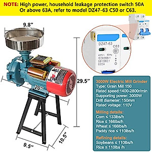 SLSY Electric Mill Grinder 110V 3000W, Commercial Electric Feed Mill Dry Grinder, Heavy Duty Milling Machine Cereals Grinder Rice Corn Grain Coffee Wheat with Funnel