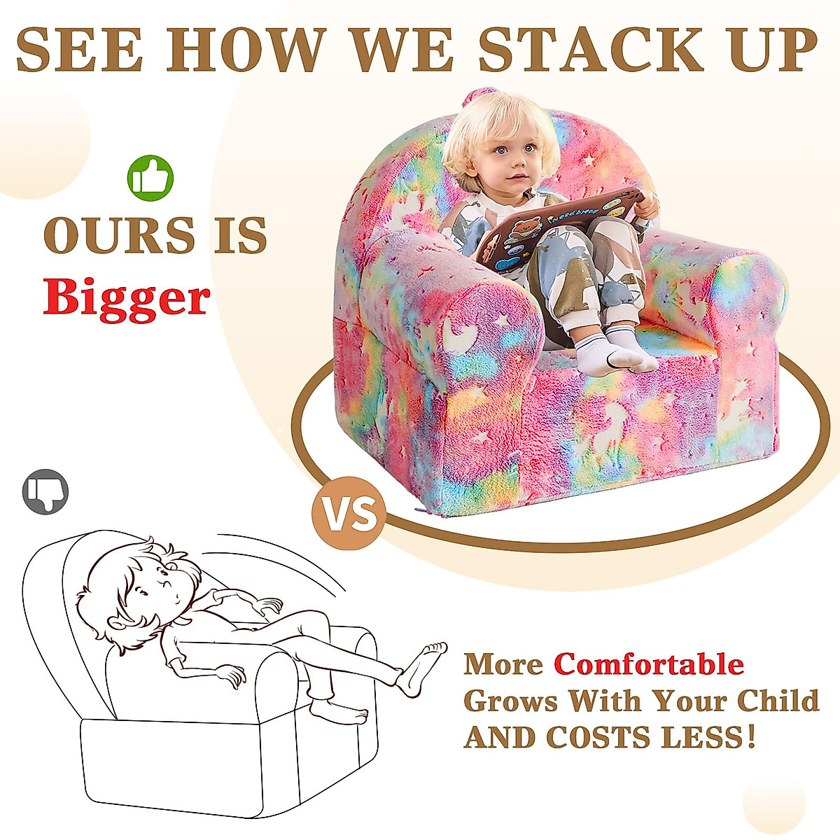 ILPEOD Toddler Chair Sherpa Couch Sherpa Kids Chair, Cuddly Comfy Toddler Plush Chair Toddler Couch Reading Chair for Kids Glow in The Dark Rainbow Pink