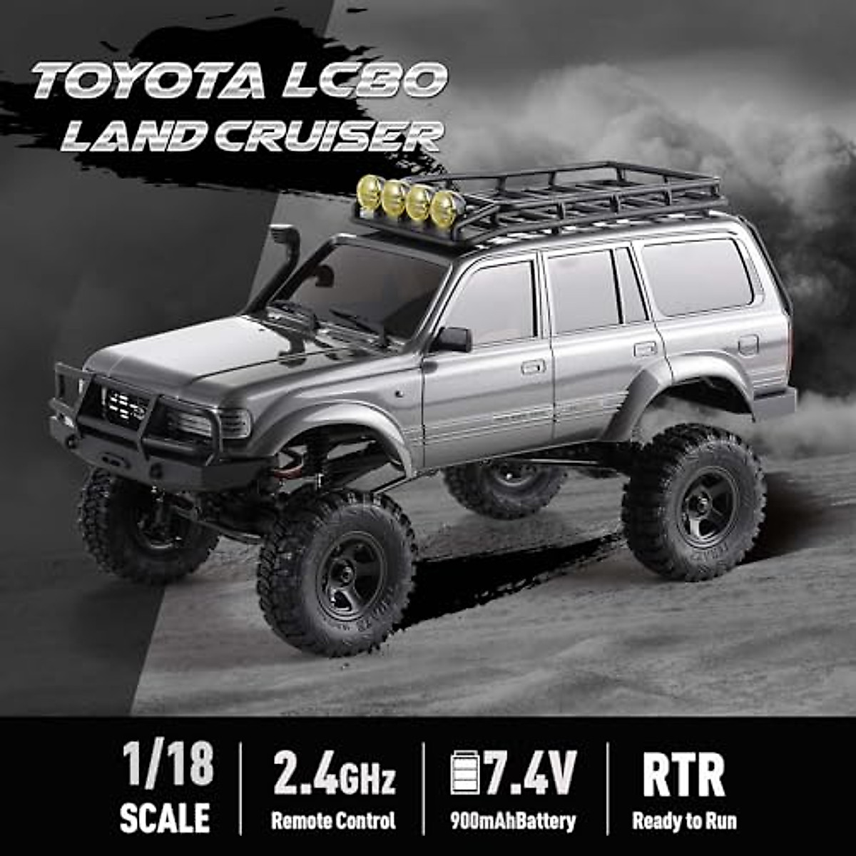 EAZYRC FMS Fcx18 1/18 Land Cruiser 80 Toyota RC Rock Crawler RTR 4x4 Off-Road Waterproof Hobby Grade RC Trucks All Terrains for Adults with 2.4Ghz Radio,Battery (Gray)