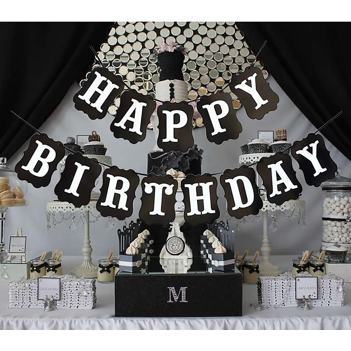 Large Black Happy Birthday Banner, Happy Birthday Bunting Sign with White Letters, Happy Birthday Decorations for Boys Women Men