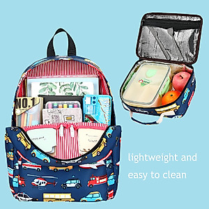 LEDAOU Kids School Backpack with Lunch Box for Boy Kindergarten BookBag School Bag Preschool Kindergarten Toddler Backpack (Car Airplane Pattern-Navy)
