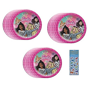 Barbie Party Supplies Bundle includes 24 Dessert Cake Paper Plates and 1 Dinosaur Sticker Sheet