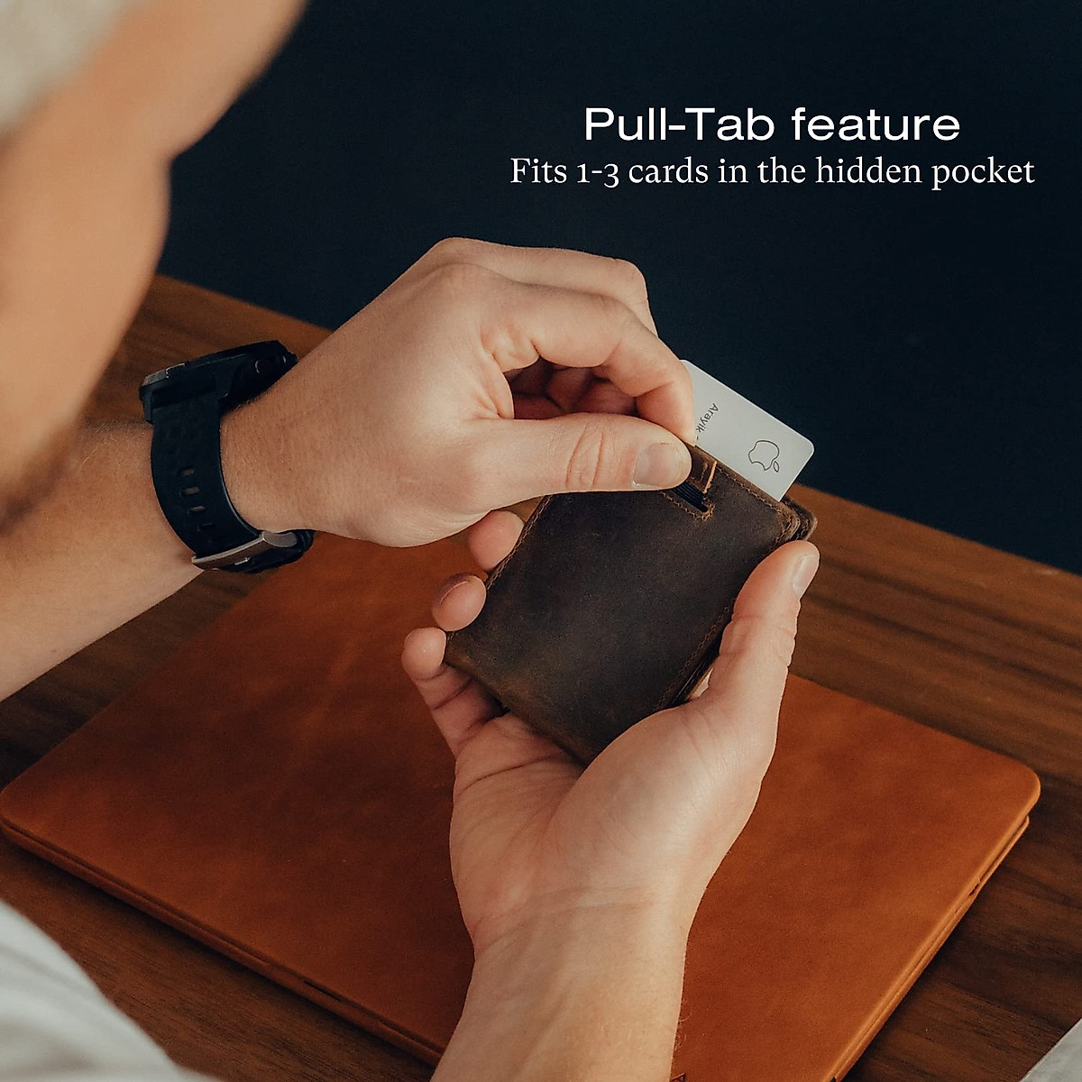 Andar The Apollo Leather Slim RFID Blocking Minimalist Bifold Wallet with Money Clip and ID Slot made of Full Grain Leather Elastic Pull Tab (Saddle Brown)