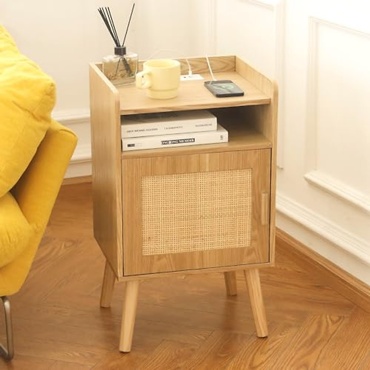 AWASEN Mid Century Nightstand with Charging Station, Rattan Night Stand with Storage, Bedside Table End Table with 2 Tiers Shelf Space for for Bedroom,Living Room, Natural Walnut