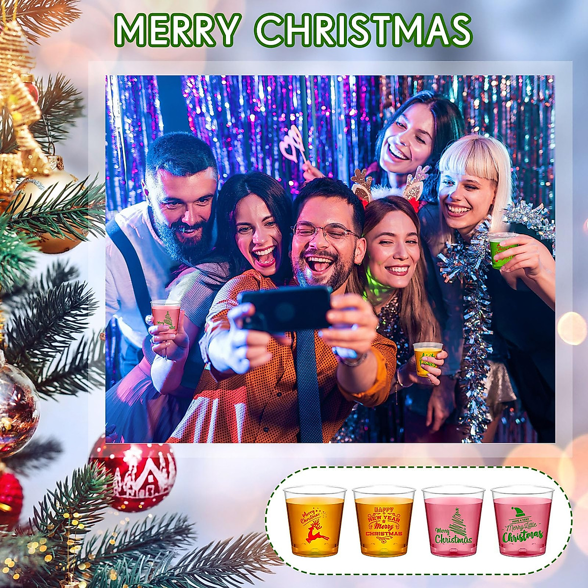 Yaomiao 300 Pieces Christmas Plastic Glasses 2 oz Christmas Party Transparent Cups Bulk Disposable Plastic Drinking Tasting Cups Christmas Shot Glasses for Adults for Whiskey Xmas Party Supplies