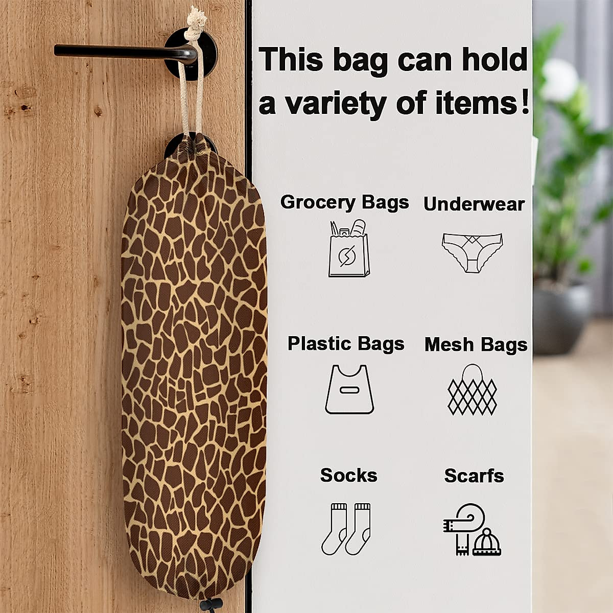 Giraffe Print Plastic Bag Holder Grocery Bag Holder Large Wall Mount Garbage Plastic Bag Organizer Drawstring Adjustment for Kitchen, 22x9" in
