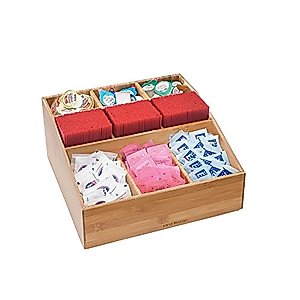 Mind Reader Coffee Condiment and Accessories Caddy Organizer with 9 Organizing Compartments, Bamboo Brown