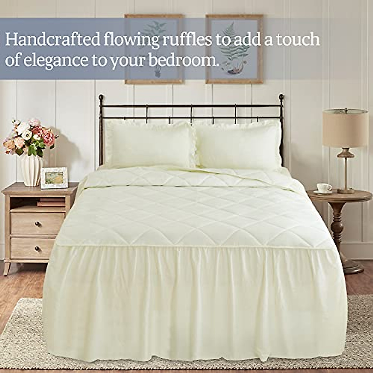 HIG 3 Piece Farmhouse Ruffled Skirt Bedspread Set King, Chic Ivory Diamond Stitched Coverlet with 30" Drop Dust Ruffle, French Country Bedding Collections for Bedroom Decor, Washed Microfiber (Elain)