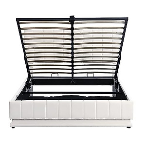 CKLMMC Modern Upholstered Platform Bed with Hydraulic Storage System,Full Size PU Storage Bed with LED Lights and USB Charger for Kids Teens Adults (White/PU-K)