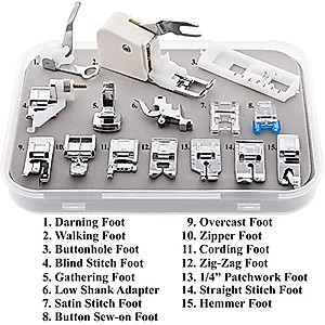 Sewable 15 Piece Presser Feet Set with Walking Foot | Fits Low Shank Sewing Machines - Brother, Janome, Singer, Baby Lock, Kenmore, and More | 14 Presser Feet, Snap On Adapter, and Storage Case