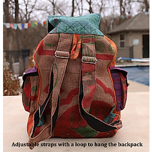 DharmaObjects Lungta Recycled Jute Rice Bag Backpack Hand Made Nepal Multi Color