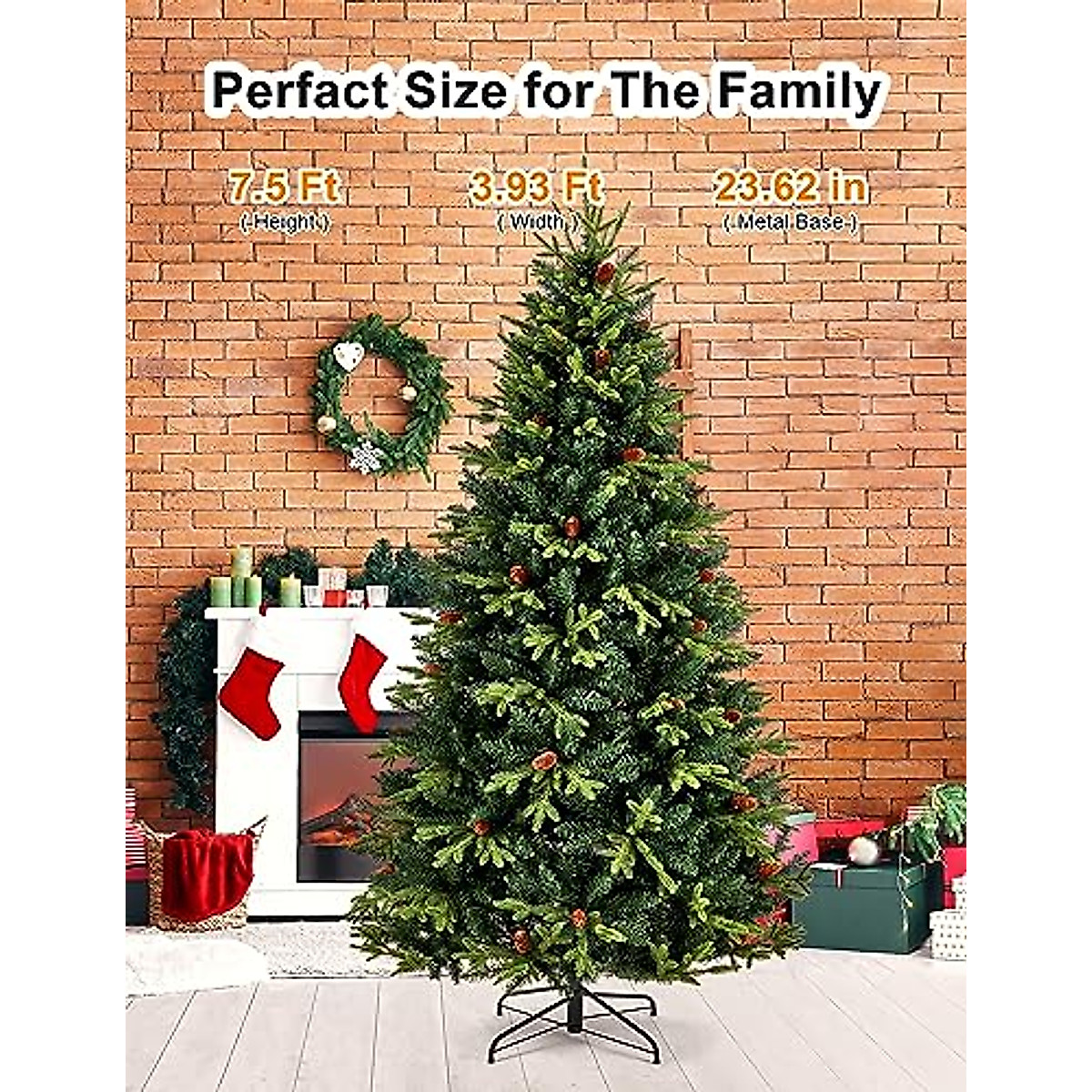 7.5ft Artificial Christmas Tree Holiday Xmas Tree w/ 1,400 Branch Tips, Christmas Tree Decorations, Christmas Tree Stand Metal Hinges & Foldable Base, Easy Assembly for Home, Office, Party Decoration